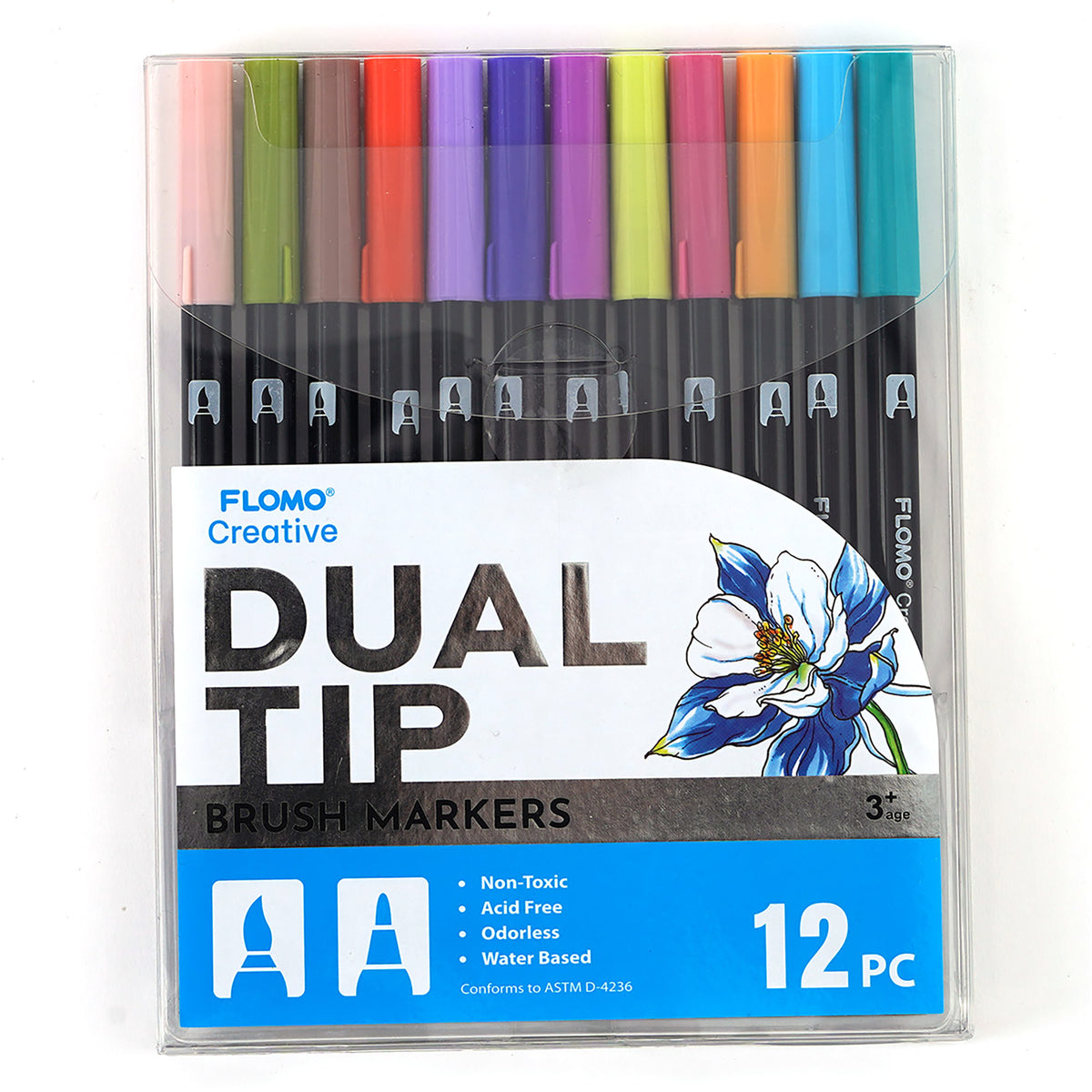 12Ct Dual Tip Brush & Fine Tip Extra Long Black Barrel Markers | FLOMO/Nygala Corp.