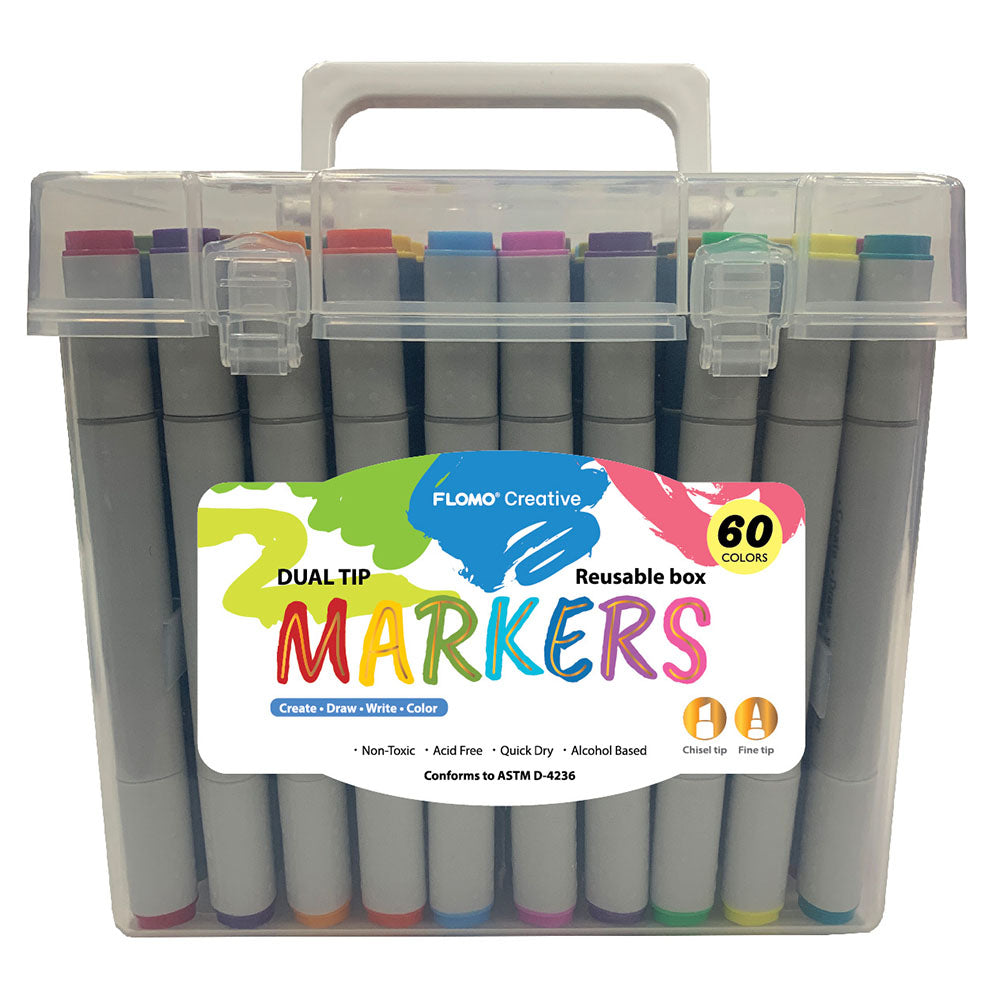 60Ct Dual Tip Chisel & Fine Tip Markers With Gray Barrel In Reusable C ...