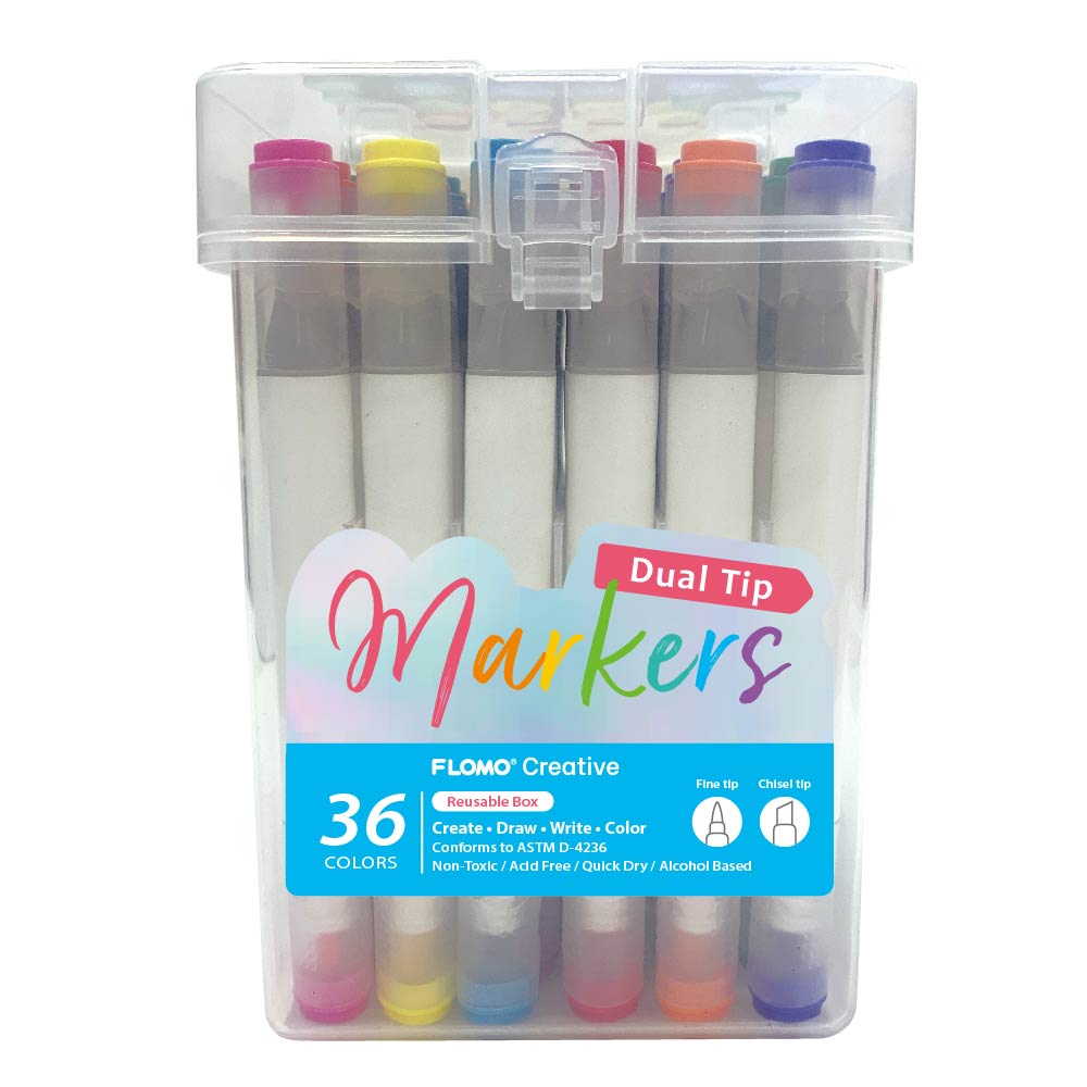 36 Ct Dual Tip Chisel & Fine Tip Markers In Reusable Case With Handle ...