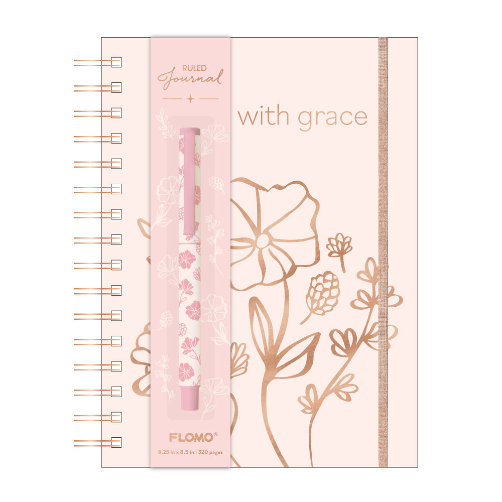160Sht/320Pge Jumbo Spiral Chunky Journal W/Pen, Rose Gold Floral, 8.5 | FLOMO/Nygala Corp.